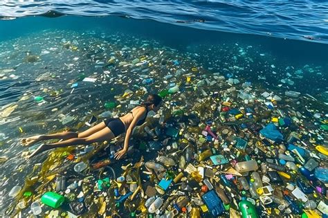 Woman Swims Underwater In Ocean Plastic Trash And Garbage Plastic