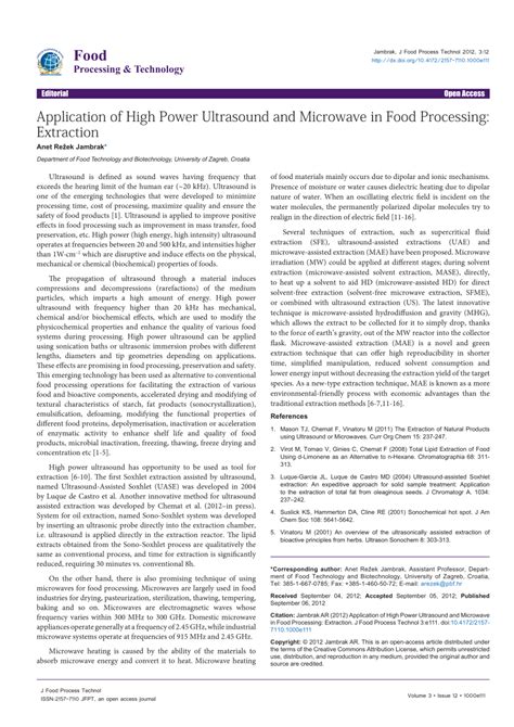 Pdf Application Of High Power Ultrasound And Microwave In Food Processing Extraction