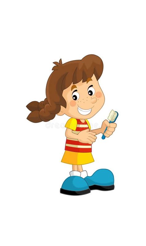 Cartoon Scene With Young Girl Brushing Her Teeth Isolated Illustration
