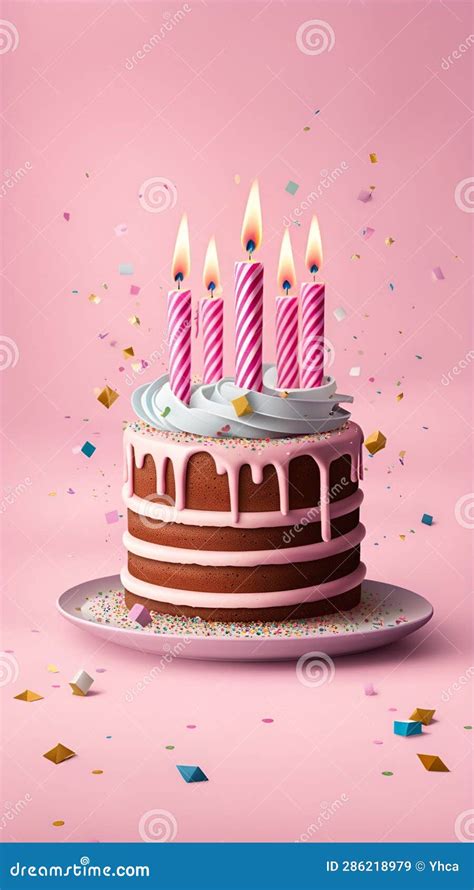 Happy Birthday Cake With Candles And Confetti On A Pink Background