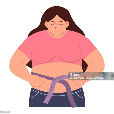 뚱뚱한 여자의 벡터 그림 과체중 나쁜 식습관 폭식 비만 건강하지 않은 식단 문제 체중 감량과 다이어트의 개념 비만증에 대한 스톡