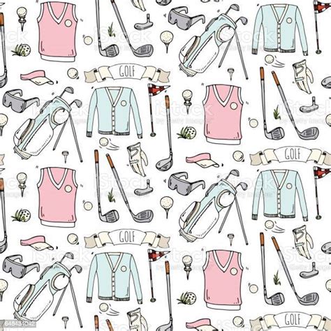 원활한 패턴 손으로 그린 낙서 골프 아이콘 세트 벡터 일러스트 레이 션 게임 컬렉션입니다 요소를 스케치 만화 골프 클럽 티 가방 카트 스포츠 옷 신발 폴로 셔츠 우산 깃발