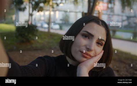 Lifestyle Selfie Portrait Of Young Positive Woman With Having Fun