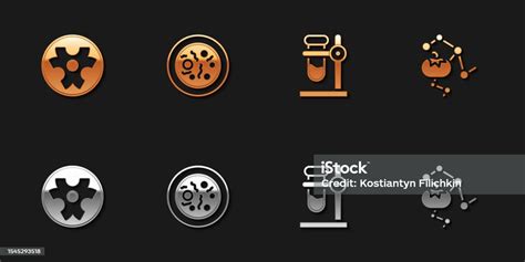 생물학적 위험 기호 박테리아가 있는 페트리 접시 스탠드에 있는 시험관 플라스크 및 유전자 변형 식품 아이콘을 설정합니다 벡터 Dna에 대한 스톡 벡터 아트 및 기타 이미지