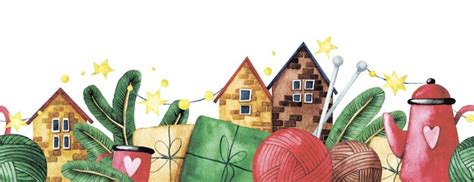 Decoração de natal aquarela sem costura moldura de fronteira casas