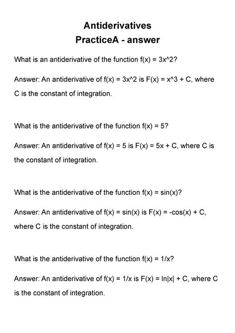 Antiderivatives Practice A Answer Antiderivatives PracticeA