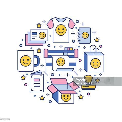 집 원 포스터 플랫 라인 아이콘을 인쇄합니다 인쇄소 장비프린터 브로셔 고무 스탬프 가방 머그잔 다 원 기록 법 사무실 표지판 타이 포 그래피 Cmyk에 대한 스톡 벡터 아트