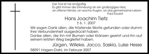 Traueranzeigen Von Hans Joachim Tietz Trauer In NRW De
