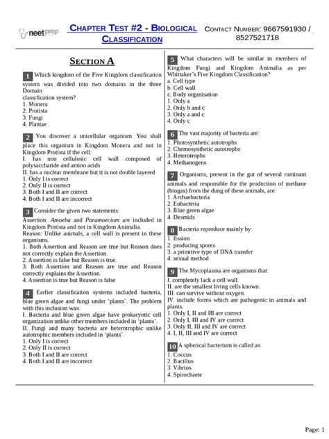 Chapter Test 2 Biological Classification Bio Prodigy Test Series