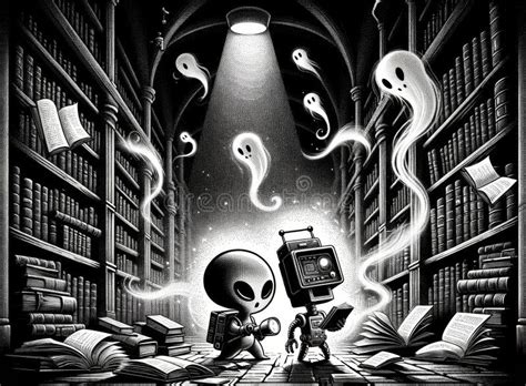 Surreal Library Scene With Ghostly Figures Robot And Alien Stock