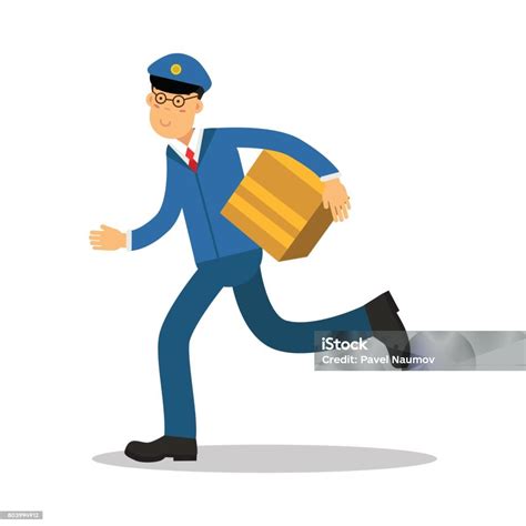 郵遞員在藍色制服運行提供包裹的卡通人物表達傳遞郵件向量圖向量圖形及更多包裹圖片 包裹 卡通 幸福 Istock