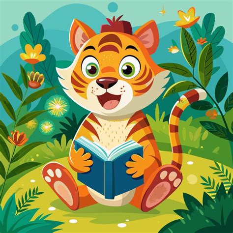Un Tigre Est Leyendo Un Libro En La Hierba Vector Premium