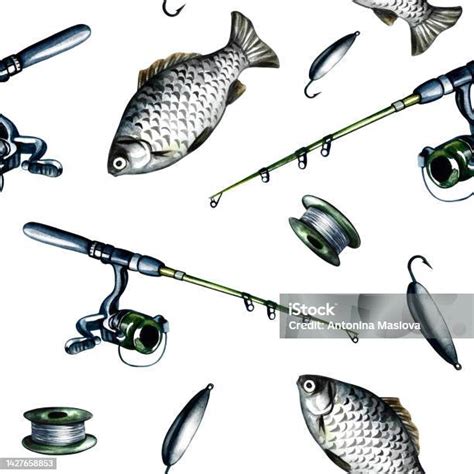 パターン釣り人のための魚や釣り竿とシームレスな質感白い背景に水彩イラスト 釣りをするのベクターアート素材や画像を多数ご用意 釣りをする