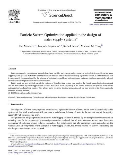 pdf particle swarm optimization applied to the design of water supply