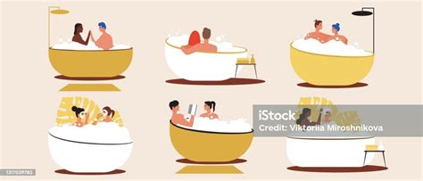 다양한 커플이 함께 목욕을 변수 커플 Lgbtq 또는 다른 민족 그룹의 세트와 플랫 벡터 스톡 일러스트 기포에 대한 스톡 벡터