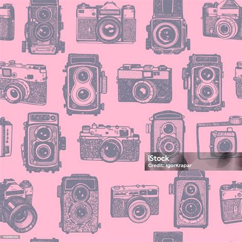 벡터 원활한 그레이 핑크 패턴 손으로 그리는 빈티지 레트로 카메라 개체 그룹에 대한 스톡 벡터 아트 및 기타 이미지 개체