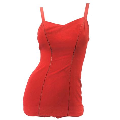 1960s Deweese Candy Red Wool Knit One Piece Swimsuit For Sale At