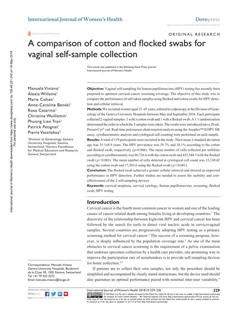Pdf A Comparison Of Cotton And Flocked Swabs For Vaginal Self Sample Collection