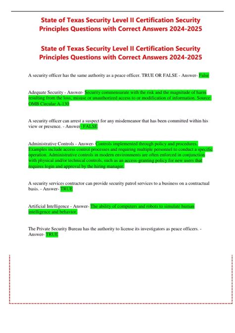 State Of Texas Security Level Ii Certification Security Principles Questions With Correct
