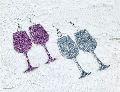 Silver Glitter Wine Glass Earrings Pink Glitter Wine Glass Earrings