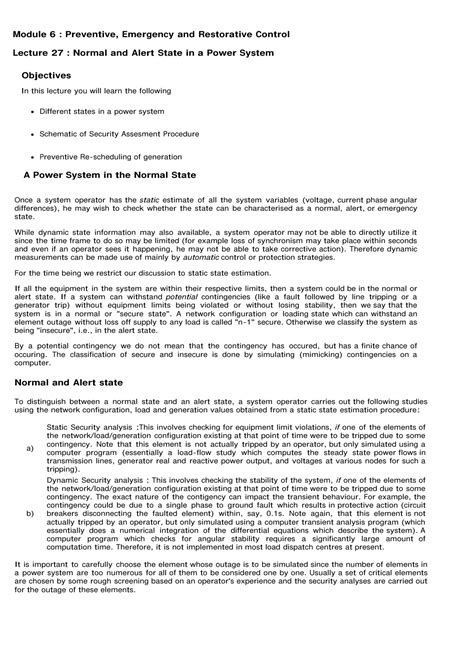 Preventive Emergency And Restorative Control Normal And Alert State In A Power System Ee
