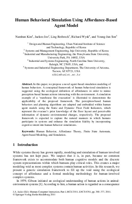 Pdf Human Behavioral Simulation Using Affordance Based Agent Model