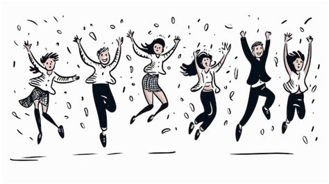 Joyful Men And Women Jumping With Smiles Line Offset Doodle Premium