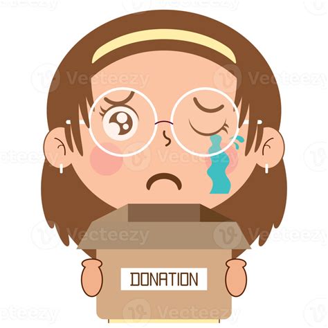 fille qui pleure visage tenant une boîte de don dessin animé mignon