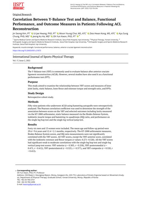 Pdf Correlation Between Y Balance Test And Balance Functional Performance And Outcome