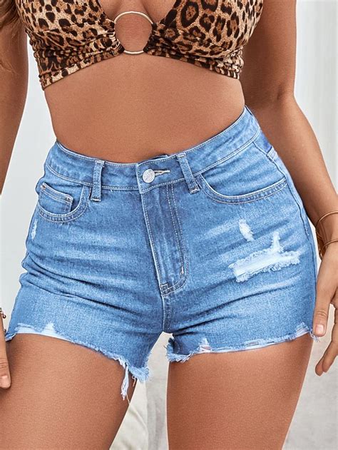 Washed Ripped Raw Hem Denim Shorts Denim Women Denim Shorts Denim