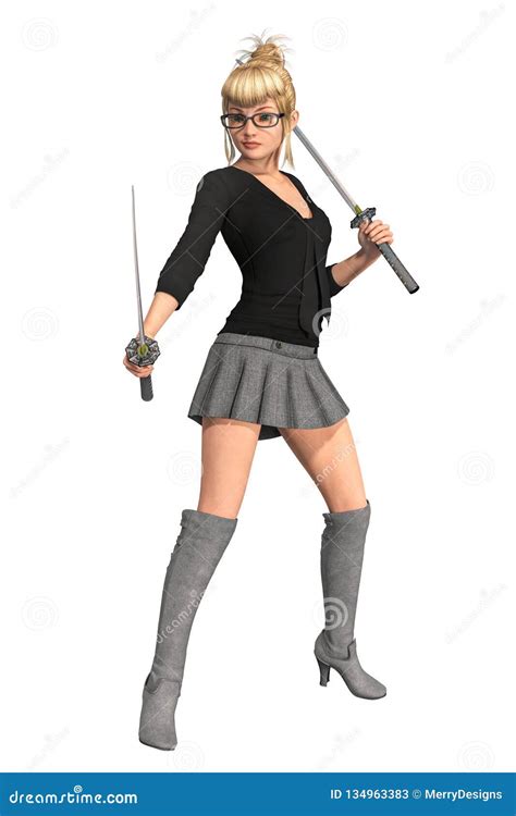 Nerd Woman With Katana Swords Isolated Stock Image Illustration Of