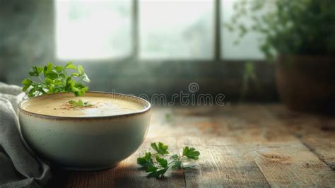 Delicious Parsnip Veloute Bowl With Sprig On Table Perfect For Food Menu Photography And