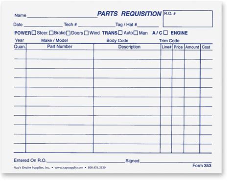 Parts Requisition Forms Nap Supply