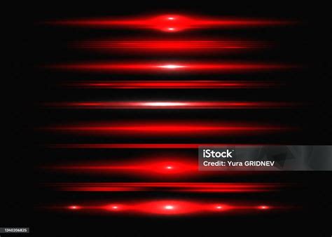 빨간색 수평 렌즈 플레어 팩 레이저 광선 수평 광선 아름다운 조명 플레어 어두운 배경에 빛나는 줄무늬 빛나는 추상화 반짝반짝 빛나는 배경 빨강에 대한 스톡 벡터 아트 및