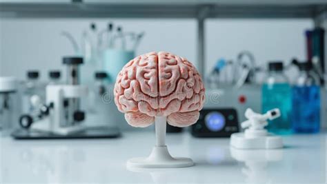 Human Brain Model With Highlighted Areas Neurology Lab In Background