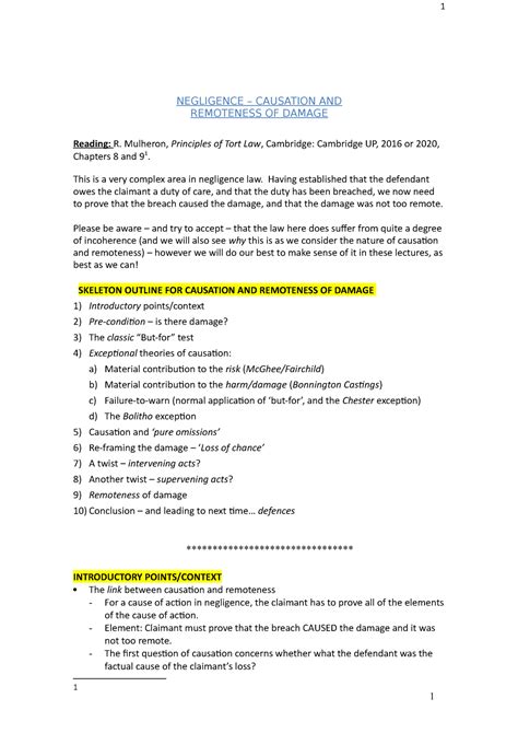 Causation And Remoteness Lecture Outline 2020 Negligence Causation