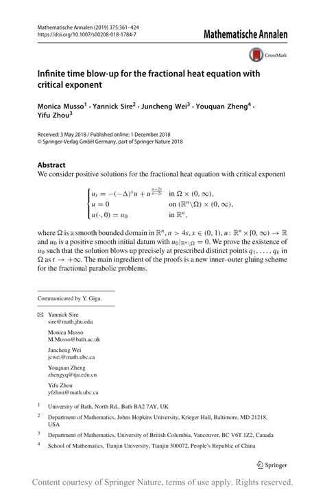 Infinite Time Blow Up For The Fractional Heat Equation With Critical Exponent Request Pdf