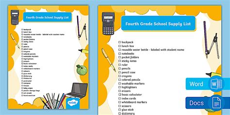 Fourth Grade Editable School Supply List Teacher Made