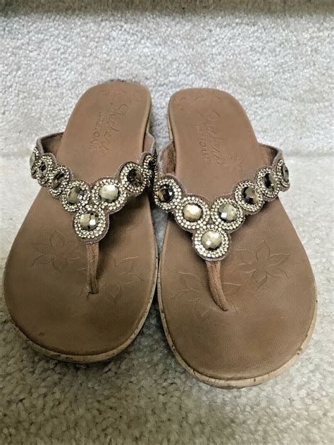 Skechers 31724 Tan Luxe Foam Wedge Thong Slip On Sand Gem