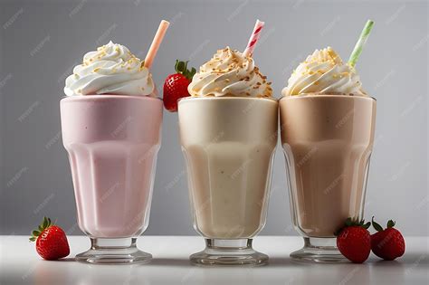 Premium Ai Image Three Distinct Milkshake Glasses Arranged Side By Side