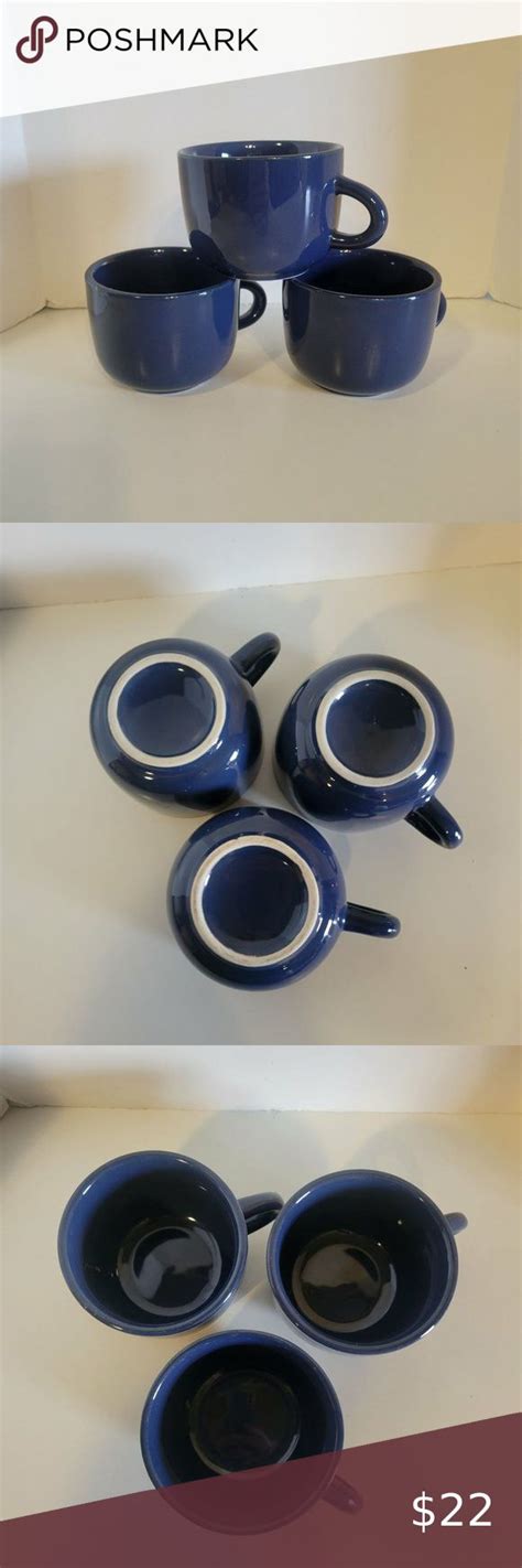Vintage Unbranded Set Of 3 Cobalt Blue Ceramic Coffee Mugs Blue