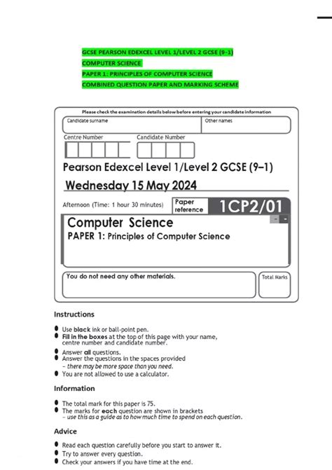 Gcse Pearson Edexcel Level 1 Level 2 Gcse 9 1 Computer Science Paper 1 Principles Of Computer