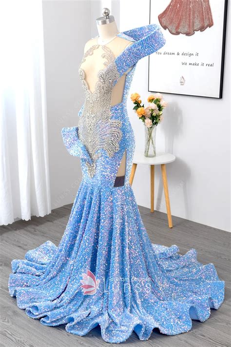Iridescent Blue Sequin Silver Beading Unique Prom Dress Lunss