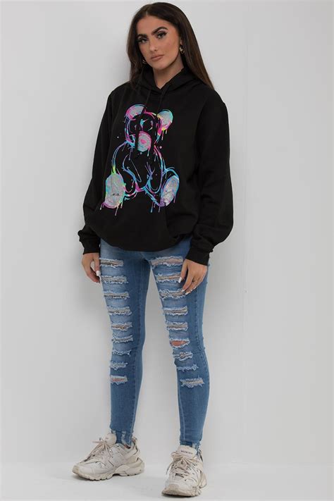 Womens Black Oversized Hoodie With Teddy Bear Graphic Print Styledup