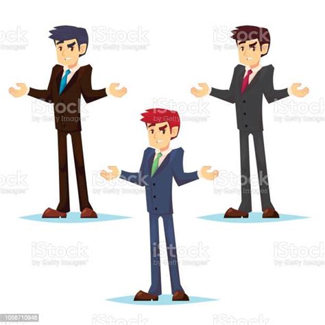 생각 사업가 서 Shruging 젊은 백인 비즈니스 사람 생각입니다 생각 비즈니스 맨 사무실 노동자입니다 벡터 평면 만화