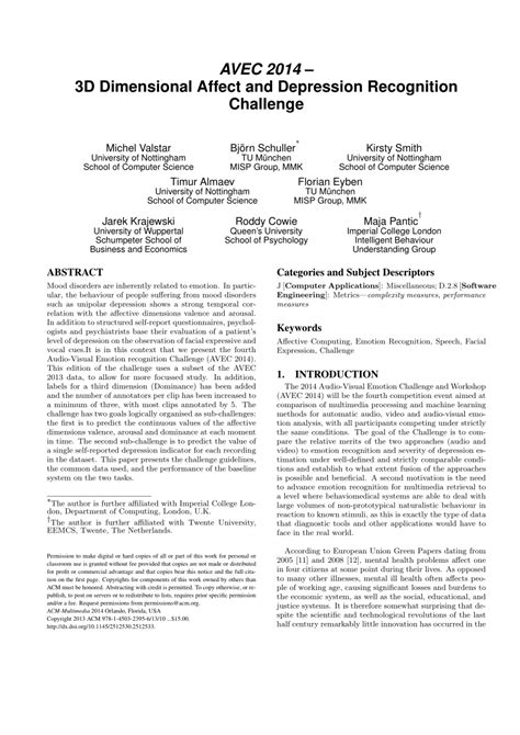 Pdf Avec 2014 3d Dimensional Affect And Depression Recognition