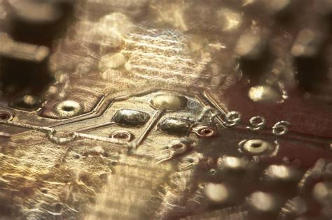 Electronic Circuit Board Showing Tracks Resistors And Capacitors In Golden Light Stock Image