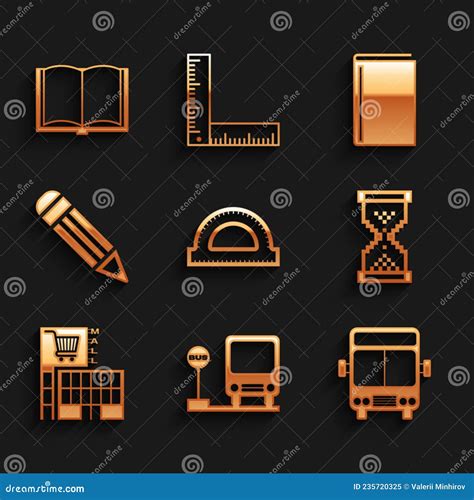 Set Protractor Grid Bus Stop Hourglass Pixel Mall Supermarket Building Pencil Book And Open
