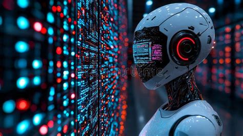 A High Tech Robot With Glowing Eyes Set Against A Futuristic Backdrop Stock Image Image Of