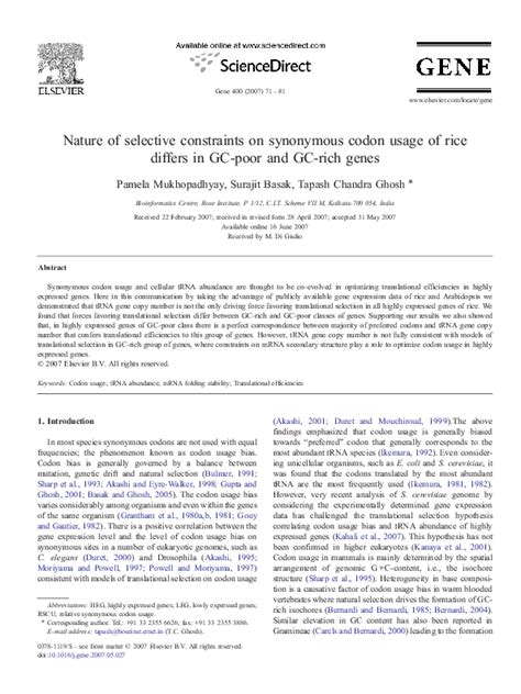 pdf nature of selective constraints on synonymous codon usage of rice